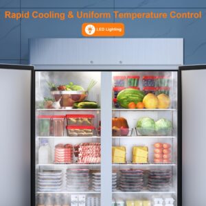 Coolski 54’’ Commercial Freezer with 2 Door, Stainless Steel Reach-in Freezer Upright with 49 Cu.Ft/8 Shelves, Two Section Fan Cooling Freezers for Restaurant Garage ETL NSF Approved