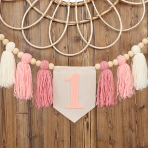 Handmade Boho 1st Birthday High Chair Banner Party Decoration for Girl Baby Shower Pink Wall Hangings Decorative for Kids Bedroom