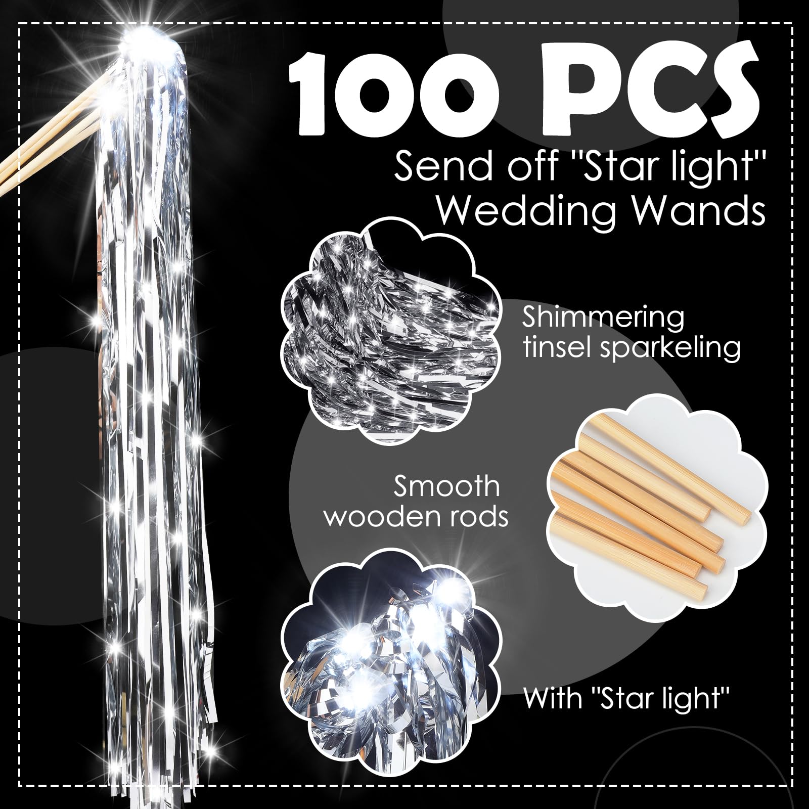 Simgoing 100 Pcs Lighted Wedding Wands LED Tinsel Wedding Wands Light up Wedding Streamers for Wedding Send off and Exits Baby Shower Birthday Party Favors(Silver)