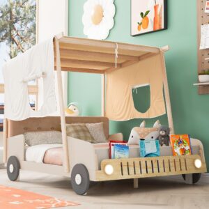 bellemave full size race car bed with led light and ceiling cloth, wood low platform bed frame with tufted headboard and support slats for kids boys girls teens, natural