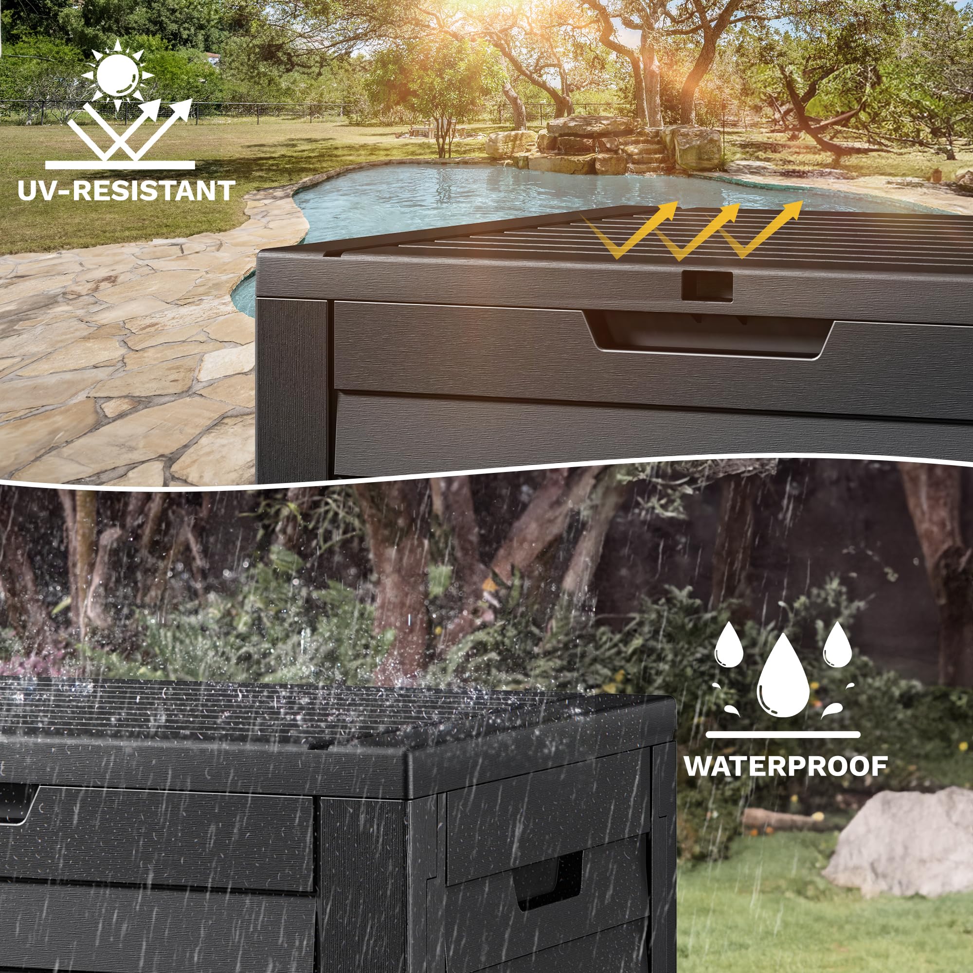 DWVO Louvered Large Deck Box, 31 Gallon Resin Outdoor Storage Box w/Lockable Lid and Side Handles for Patio Furniture, Garden Tools and Pool Supplies,Waterproof and UV Resistant, Black