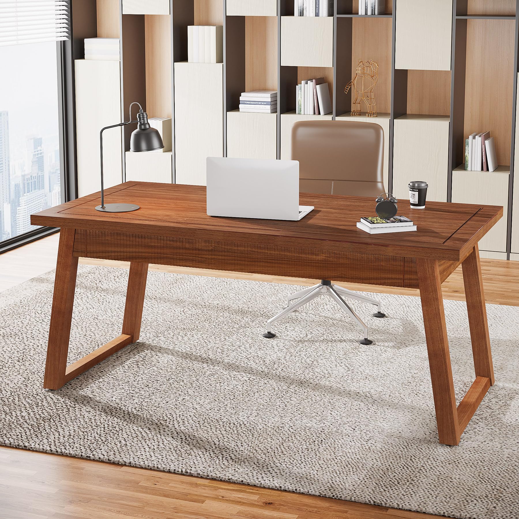 Tribesigns Home Office Executive Desk: 55 Inches Wooden Computer Desk with Drawer, Mid-Century Modern Study Writing Table, Rustic PC Laptop Desk Workstation Furniture, Walnut Brown