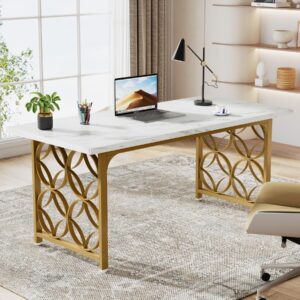 Tribesigns 63-inch Executive Desk, Modern Office Desk with Strong Metal Frame, Large Computer Writing Desk Business Furniture for Home Office (White Marble and Gold)