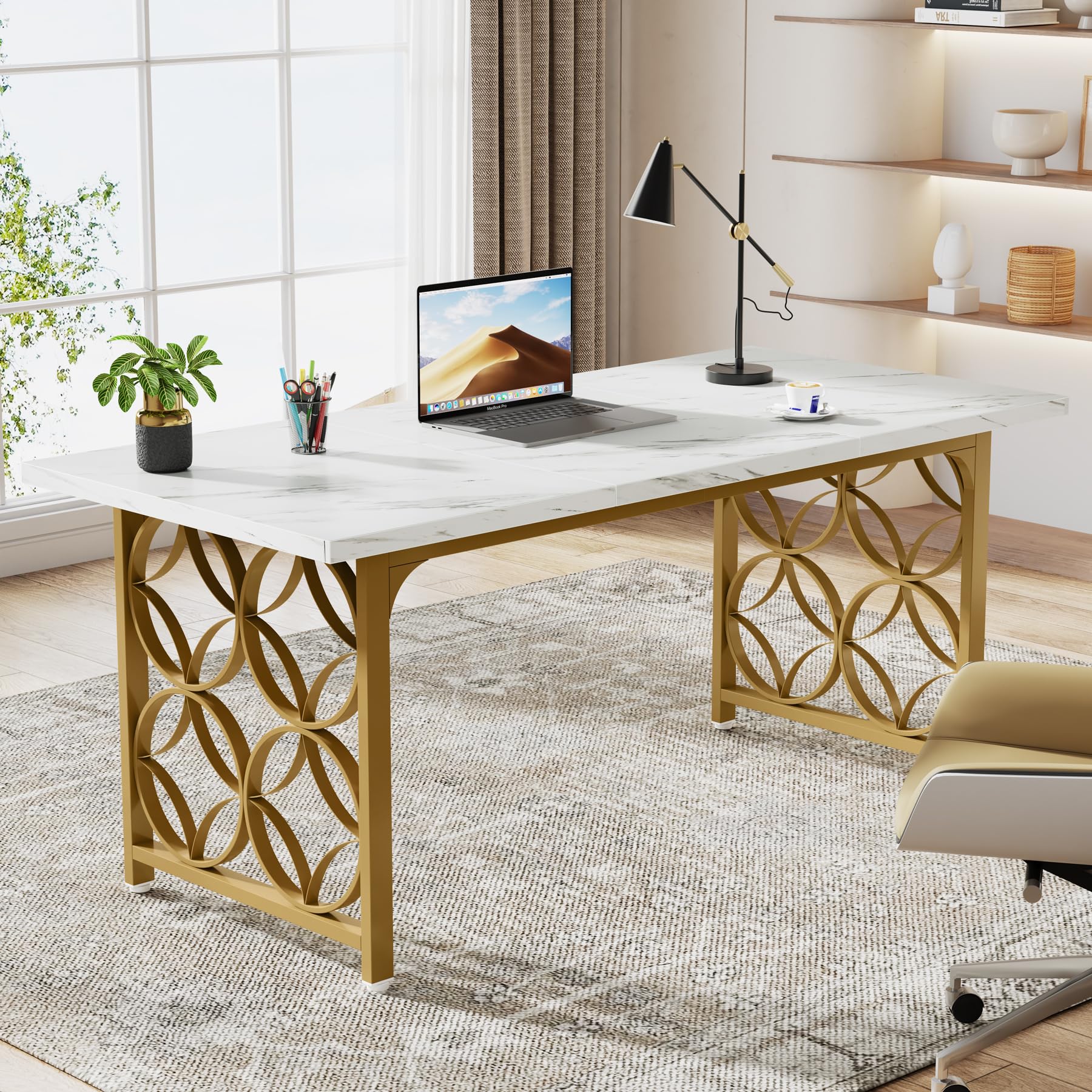 Tribesigns 63-inch Executive Desk, Modern Office Desk with Strong Metal Frame, Large Computer Writing Desk Business Furniture for Home Office (White Marble and Gold)