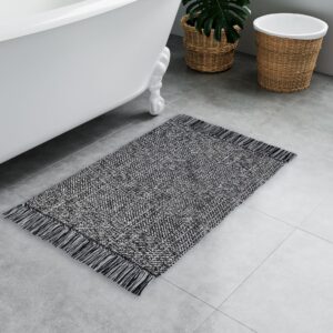 donttwa modern bathroom rug, washable black small area rug, 2x3 front door mat lightweight woven cotton rug with tassels, farmhouse throw rugs low pile carpet for entry laundry,black&white