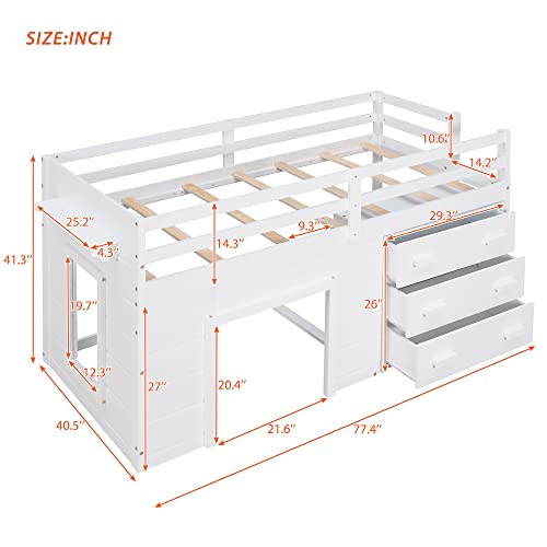 DEYOBED Wooden Twin Size Loft Bed Frame with Bedside Shelf, Storage Cabinet, Safety Guardrail and Ladder, for Kids Teens Boys Girls Bedroom, White