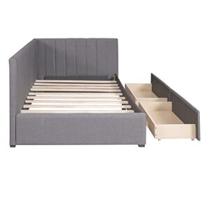 BOVZA Twin Size Linen Upholstered Daybed with 2 Storage Drawers, Sofa Bed Frame, No Box Spring Needed, Gray