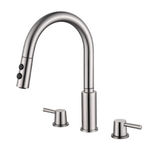 rulia brand, double handle kitchen faucet, 3 holes sink faucet, pull down, brushed nickel, stainless steel, rb1063