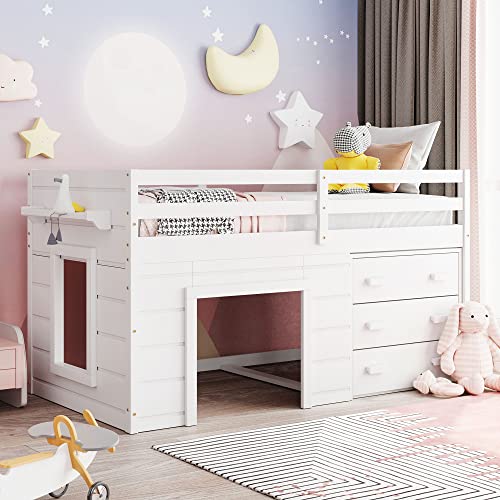 DEYOBED Wooden Twin Size Loft Bed Frame with Bedside Shelf, Storage Cabinet, Safety Guardrail and Ladder, for Kids Teens Boys Girls Bedroom, White