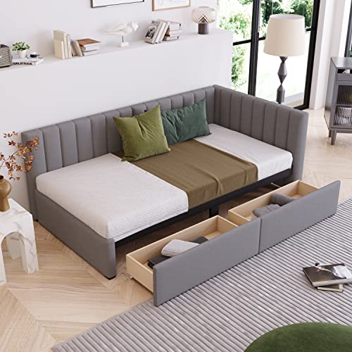 BOVZA Twin Size Linen Upholstered Daybed with 2 Storage Drawers, Sofa Bed Frame, No Box Spring Needed, Gray