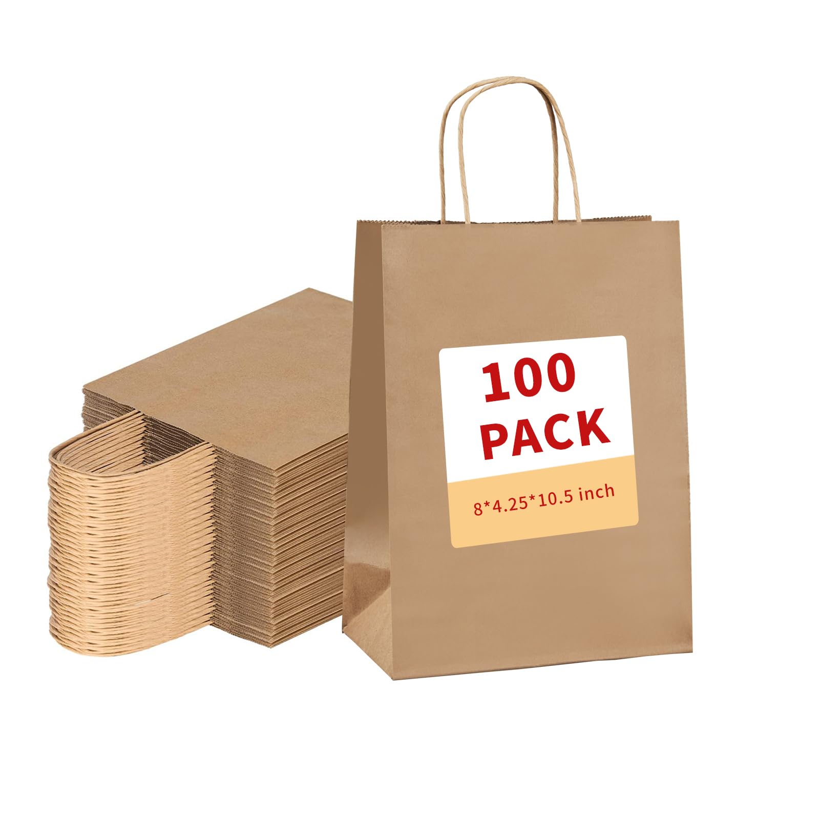 vanhel 100 Pack Brown Kraft Paper Bags with Handles Bulk,8x4.25x10.5 Inches,Brown Paper Bags,Craft Gift Bags,Gift Bags with Handles for Wending,Birthday, Favor,Party,Retail Merchandise Bags