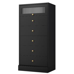 FINETONES 6 Drawer Dresser Black Dresser, 51'' Tall Black Dresser Black and Gold Dresser with Exquisite Glass Door, Modern Dresser Gold Dresser, Thickened Board Sturdy Dresser for Home