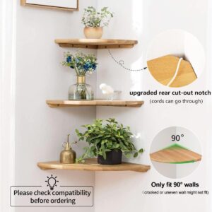 Corner Shelves, Floating Corner Shelf, Set of 2 7inch Solid Oak Wood Corner Wall Shelves, Round End Wall Mount Display Shelf with Wire Hole Shelving for Small Plant for Bedroom Kitchen, Living Room