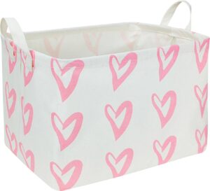 clocor rectangular pink storage basket empty,heart print basket for kids,waterproof storage basket with handles,gift basket(pink heart)