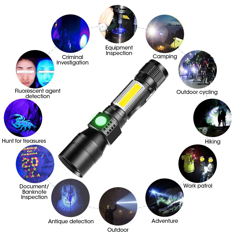 Rechargeable Flashlights, 2 PCS 3 in 1 Super Bright Black Light Flashlights 2000 Lumens, 7 Modes, Zoomable, Waterproof Flash Light Recharchable for Camping, Emergency, Pet Clothing Detection with bag