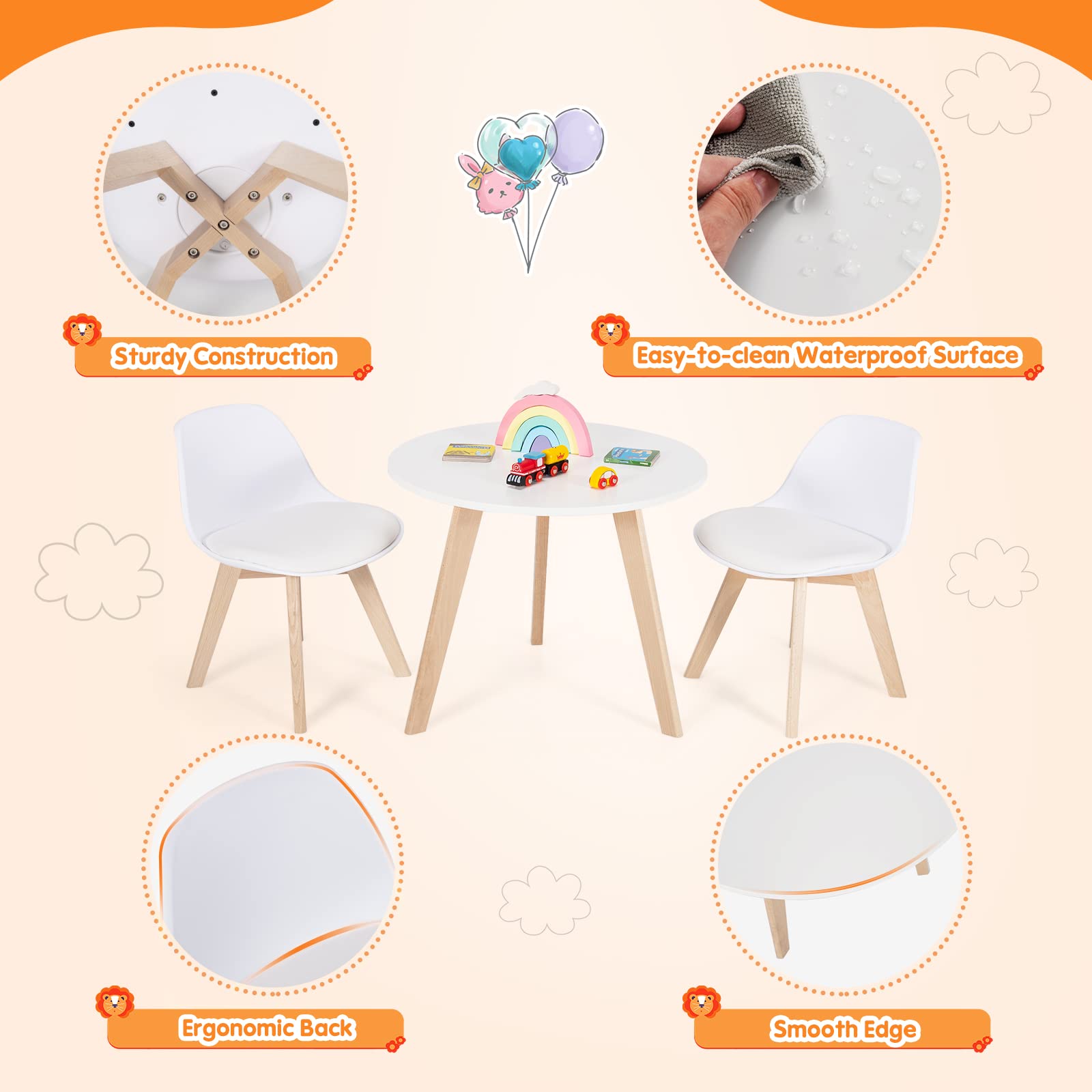 KOTEK Kids Table and Chair Set, Kids Activity Table and 2 Chair with Padded Seat for Ages 3-8, Toddler Table Set for Playroom, Kindergarten, Bedroom