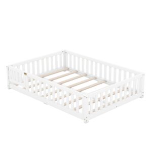 HomSof Full Size Bed Floor Bed with Safety Guardrails and Door for Kids,77.6''L x 55.9''W x 17.5''H， White