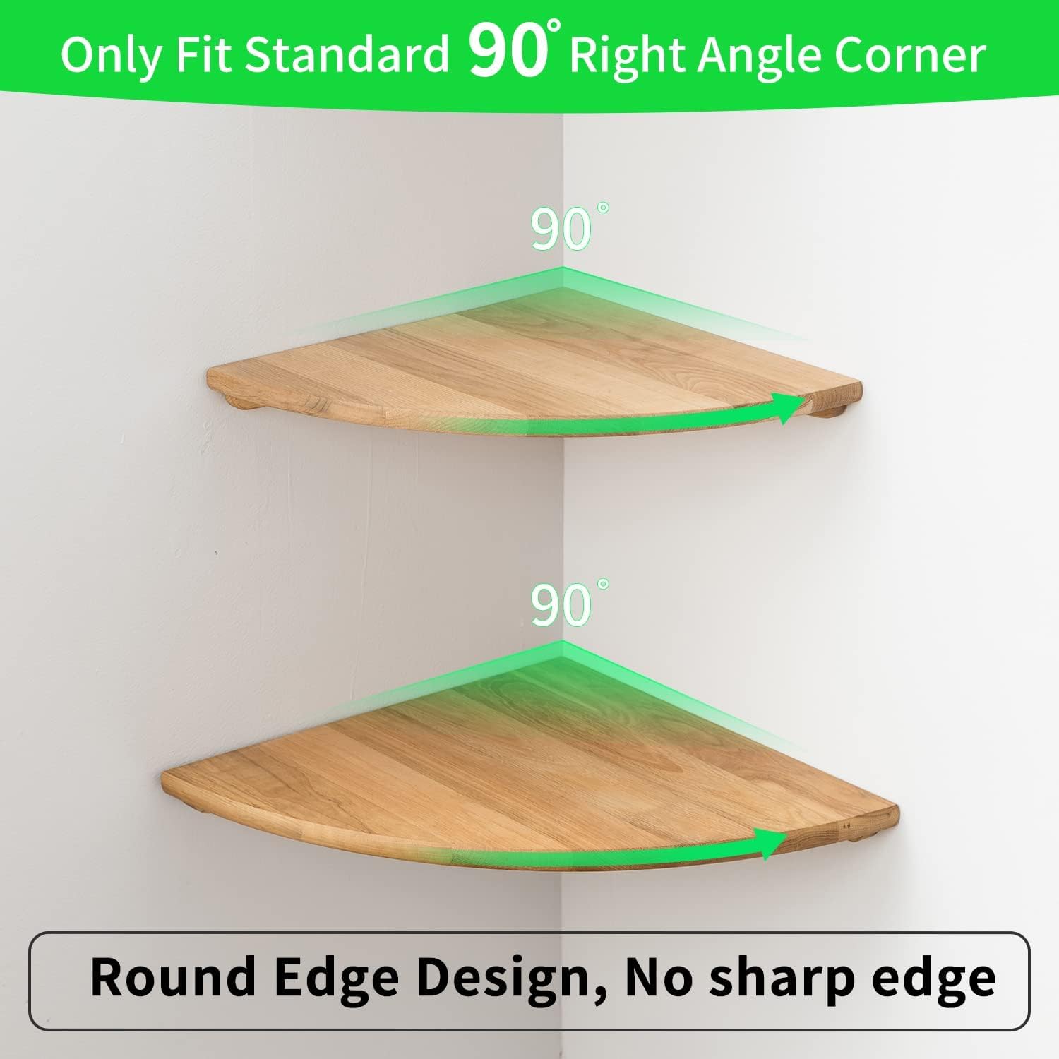 Corner Shelves, Floating Corner Shelf, Set of 2 7inch Solid Oak Wood Corner Wall Shelves, Round End Wall Mount Display Shelf with Wire Hole Shelving for Small Plant for Bedroom Kitchen, Living Room