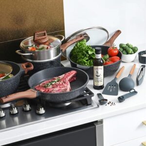 Bakken-Swiss 14-Piece Kitchen Cookware Set – Granite Non-Stick – Eco-Friendly – for All Stoves & Oven-Safe - Marble coatin