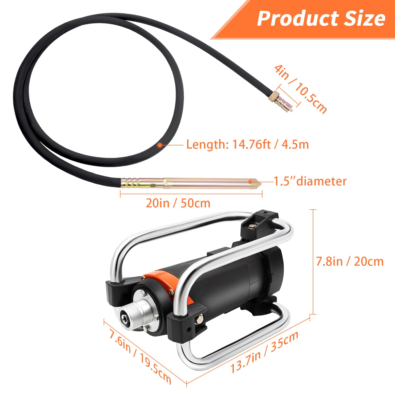 LMYYGOO Electric Concrete Vibrator Handheld, 2HP 1500W 18000RPM Powerful Copper Motor Portable Construction Insertion Cement Concrete Vibrating Tool with 4.5M (14-3/4ft) Long Flexible Shaft