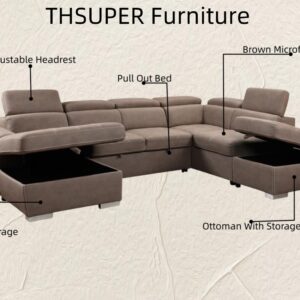 THSUPER 127'' Microfiber Oversized U-Shaped Sectional Sleeper Sofa Couch with Pullout Bed, 7 Seats Couch with Adjustable Headrests, Sofa with Storage Chaise and Ottoman for Living Room. Light Brown