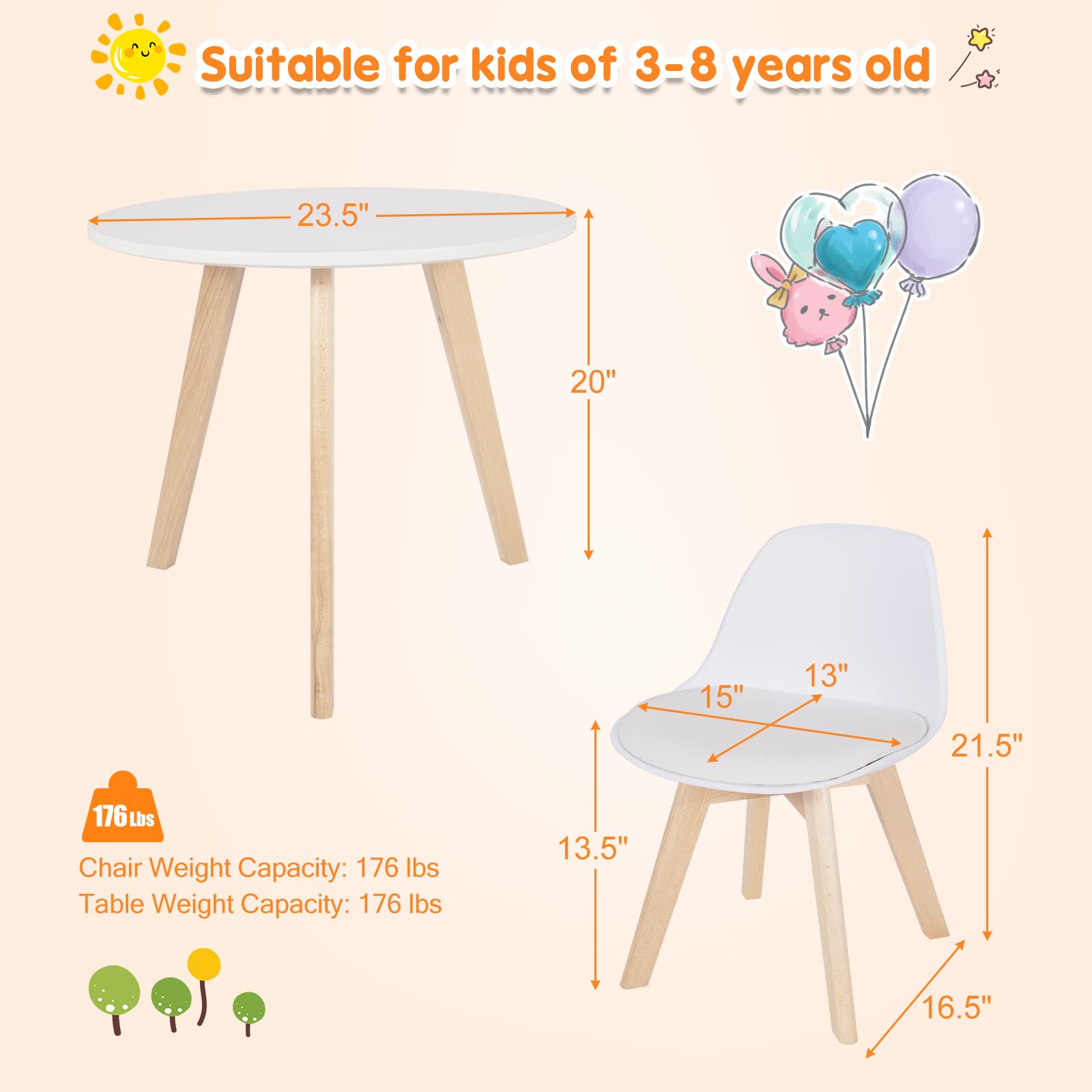 KOTEK Kids Table and Chair Set, Kids Activity Table and 2 Chair with Padded Seat for Ages 3-8, Toddler Table Set for Playroom, Kindergarten, Bedroom