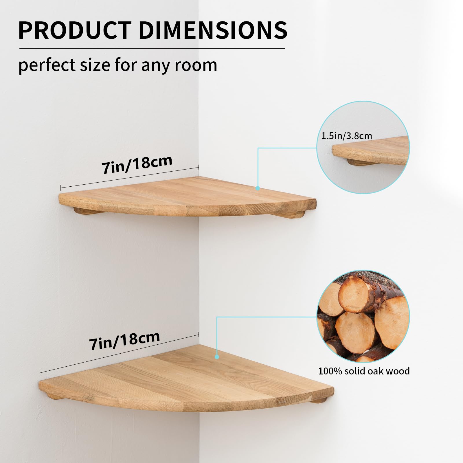 Corner Shelves, Floating Corner Shelf, Set of 2 7inch Solid Oak Wood Corner Wall Shelves, Round End Wall Mount Display Shelf with Wire Hole Shelving for Small Plant for Bedroom Kitchen, Living Room