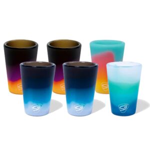 silipint silicone 1.5 oz shot-glass set: 6 pack - (2) moonbeam, (2) sun storm, mtn air, aurora - unbreakable, great for parties, sustainable