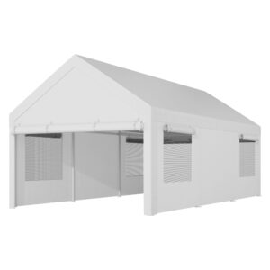 shintenchi 10x20ft heavy duty carport, portable garage with removable sidewalls, door and ventilated windows, uv resistant waterproof carport canopy for outdoor, all-season tarp for car (white)