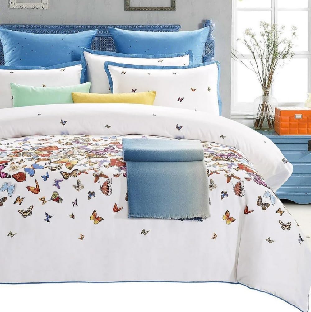 Royal Tradition 100% Cotton Duvet Cover Set (King Size) Butterfly Print 7pc Soft Bedding Set