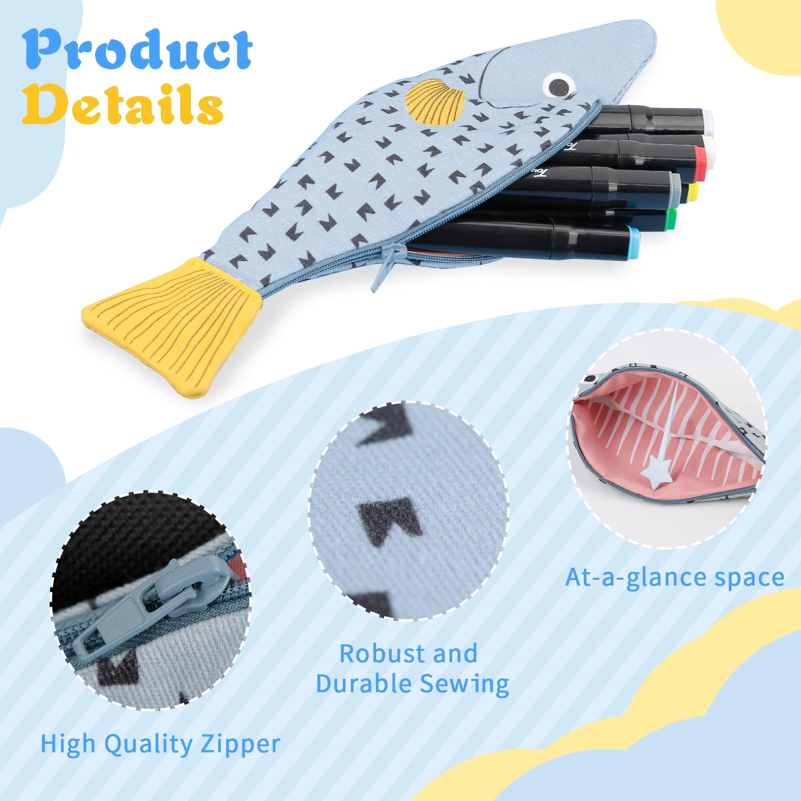 elephtree Fish Shape Novelty Pencil Case Fish Pen Bag Fish Coin Purse Funny Pencil Pouch with Simulated Fishbone Lining