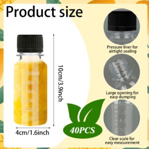 40 Pcs 2oz Plastic Bottles for Liquids Small Clear Ginger Shots Bottles with Black Caps Travel Bottles Mini Water Bottle with Scale for Vanilla Hot Sauce Juice Whiskey Liquid come with Labels,4 Funnel