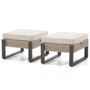 MeetLeisure Patio Wicker Ottoman Set of 2, Outdoor PE Rattan Footstools with Removable Cushions & Wood Looking Metal Steel Framed Legs for Garden Backyard Porch Deck, Beige