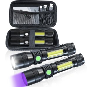 rechargeable flashlights, 2 pcs 3 in 1 super bright black light flashlights 2000 lumens, 7 modes, zoomable, waterproof flash light recharchable for camping, emergency, pet clothing detection with bag