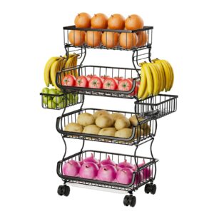 simple trending 4 tier rolling cart, stackable fruit vegetable basket with wheels and 2 hanging basket, kitchen storage metal wire basket stand for vegetable bread snacks, black