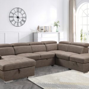 THSUPER 127'' Microfiber Oversized U-Shaped Sectional Sleeper Sofa Couch with Pullout Bed, 7 Seats Couch with Adjustable Headrests, Sofa with Storage Chaise and Ottoman for Living Room. Light Brown