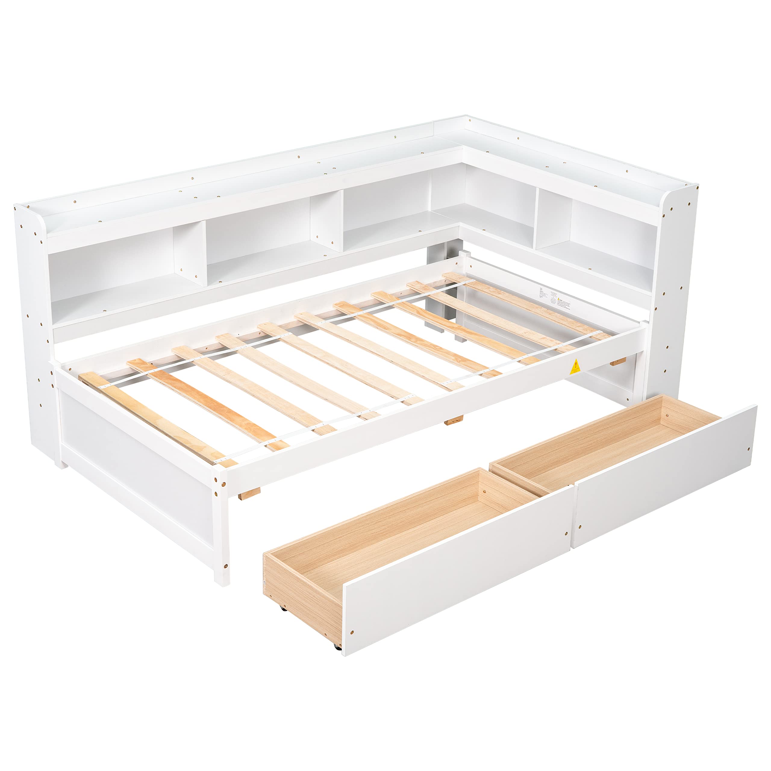 Twin Size Daybed Captain Bed Wooden Day Bed with 2 Drawers and L-Shaped Bookcases, Twin Bed Frame for Kids, Boys, Girls & Teens, No Box Spring Needed, White