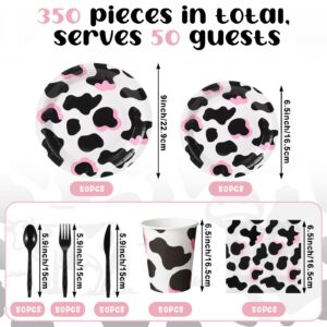 Domensi 350 Pcs Pink Cowgirl Party Supplies Cow Party Tableware Set Serve 50 Cow Print Plates Napkins Cups Cow Theme Party Decoration for Cowgirl Cowboy Farm Animal Cow Theme Birthday Baby Shower