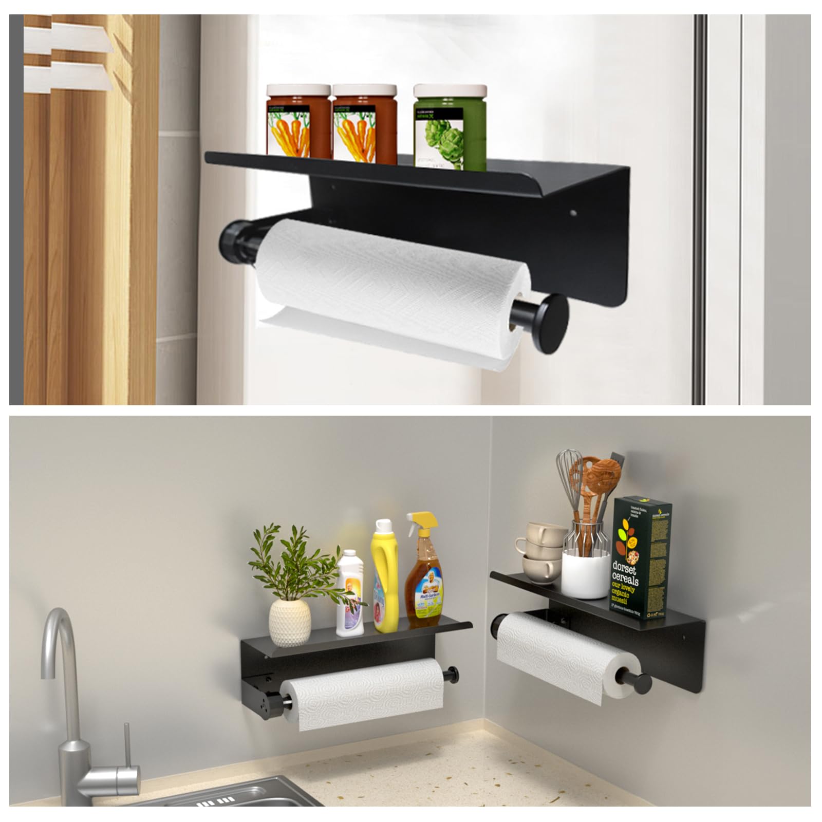 WEST TUNE Paper Towel Holder Wall Mount with Shelf - Paper Towel Holder with Damping Effect,Adhesive or Drilled for Bathroom/Garage/Kitchen(Stainless Steel, Matte Black)