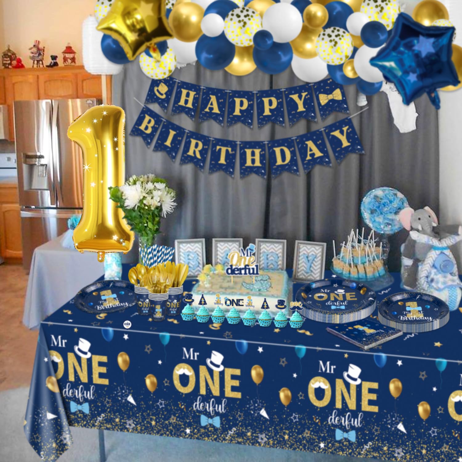 232 PCS Mr Onederful Birthday Decorations - Blue Gold Birthday Plates, Napkins, Cups, Balloons, Birthday Banner, Cake Topper and Tablecloth for Baby Shower 1st Birthday Boy Decorations, Serve 20