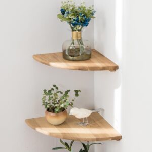 corner shelves, floating corner shelf, set of 2 7inch solid oak wood corner wall shelves, round end wall mount display shelf with wire hole shelving for small plant for bedroom kitchen, living room