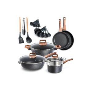 bakken-swiss 14-piece kitchen cookware set – granite non-stick – eco-friendly – for all stoves & oven-safe - marble coatin