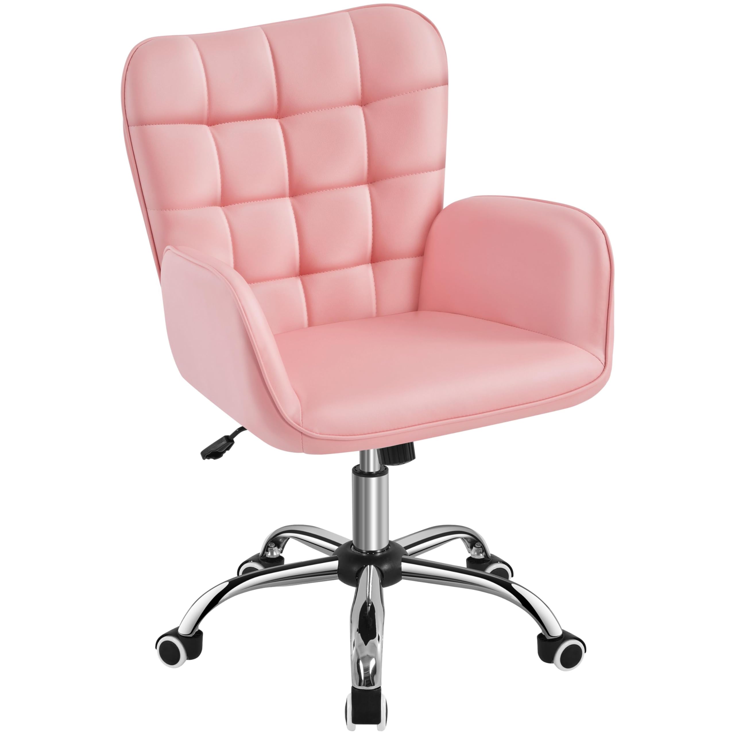 Yaheetech Faux Leather Office Chair Modern Vanity Chair Ergonomic Adjustable Makeup Chair with Padded Armrests Big Seat for Office, Study, Home, Pink