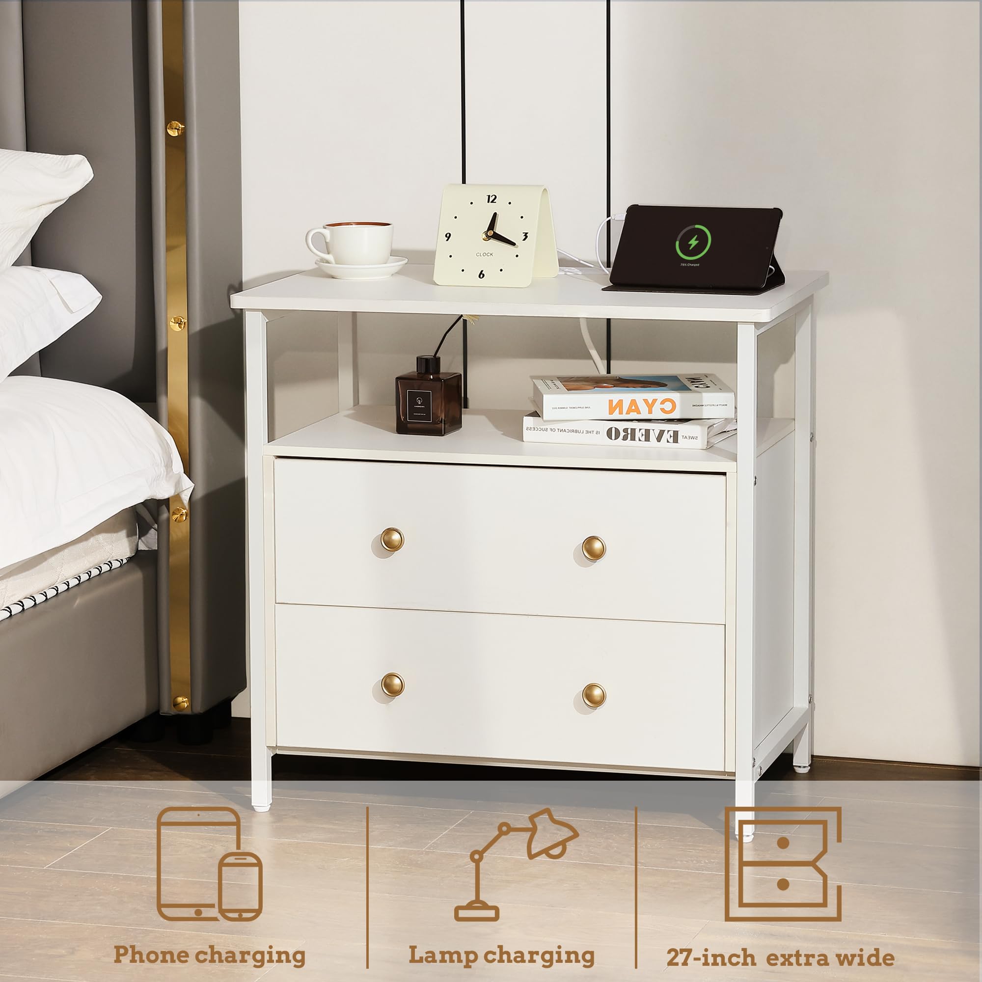 Edbuosy 27 inch Wide Nightstand with Charging Station, Bedside Table with Open Shelf, 2 Drawers Small Wood Dresser, End Side Table for Bedroom (White)