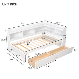 Twin Size Daybed Captain Bed Wooden Day Bed with 2 Drawers and L-Shaped Bookcases, Twin Bed Frame for Kids, Boys, Girls & Teens, No Box Spring Needed, White