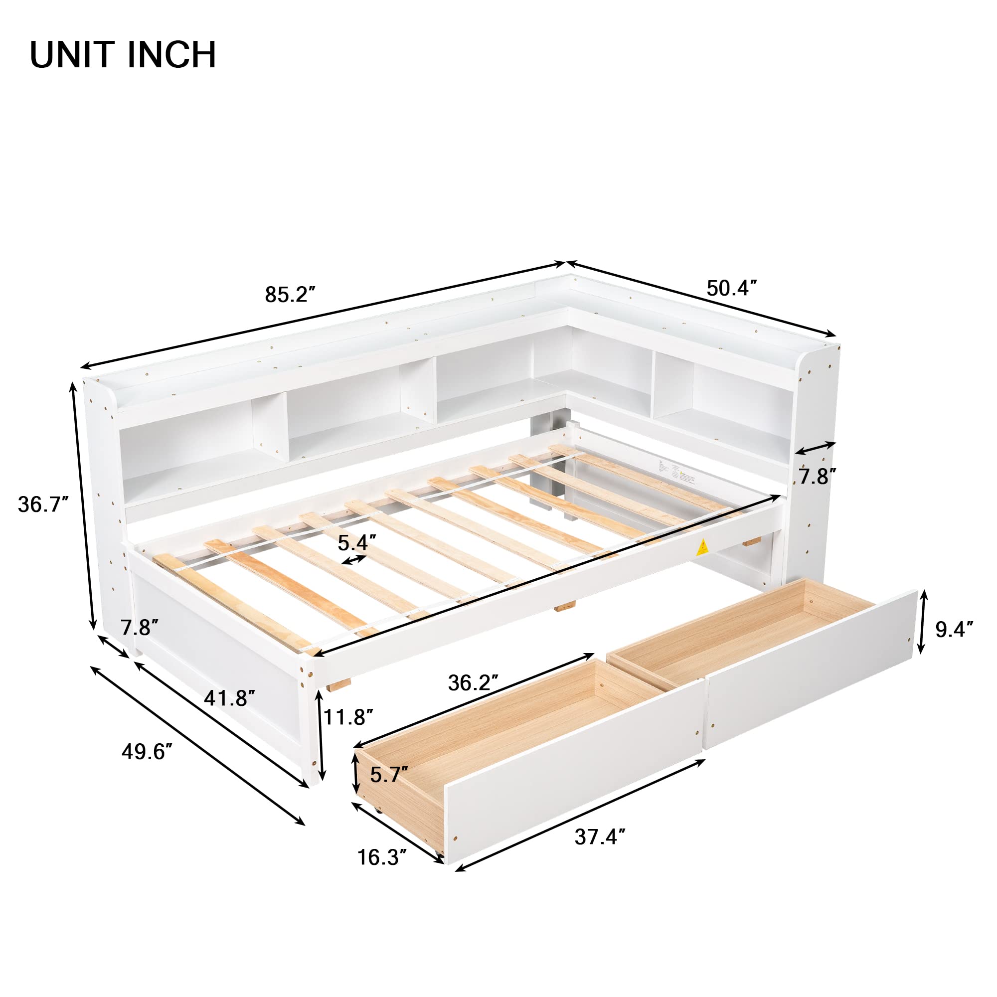 Twin Size Daybed Captain Bed Wooden Day Bed with 2 Drawers and L-Shaped Bookcases, Twin Bed Frame for Kids, Boys, Girls & Teens, No Box Spring Needed, White