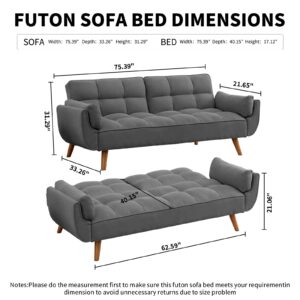 Homies Life Convertible Futon Sofa Bed, Linen Sleeper Couch, 75" W Modern 3 Seater Tufted Sofa with Solid Wood Legs and Adjustable Backrests for Small Spaces, Living Room, Bedroom, Dark Gray