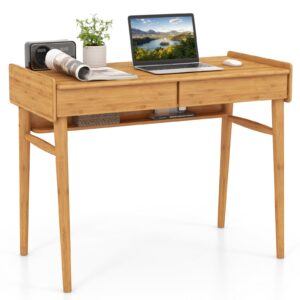 goflame bamboo computer desk, home office desk with 2 storage drawers, open shelf, cable management groove, mid century writing desk for laptop, working, learning & vanity, natural