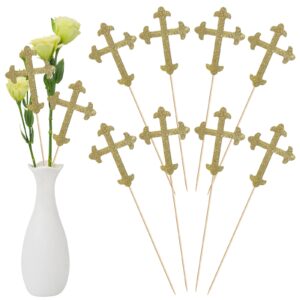 menkxi 30 pcs baptism gold glitter cross centerpiece sticks 10" double side cross baby shower cake toppers centerpieces for tables wedding birthday party religious christening decoration