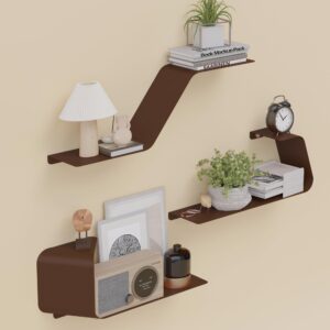 sttoraboks floating shelves, wall shelf, set of 3 wall mounted metal shelves with unique design for wall storage, book shelf, display shelves for bathroom bedroom living room for home brown